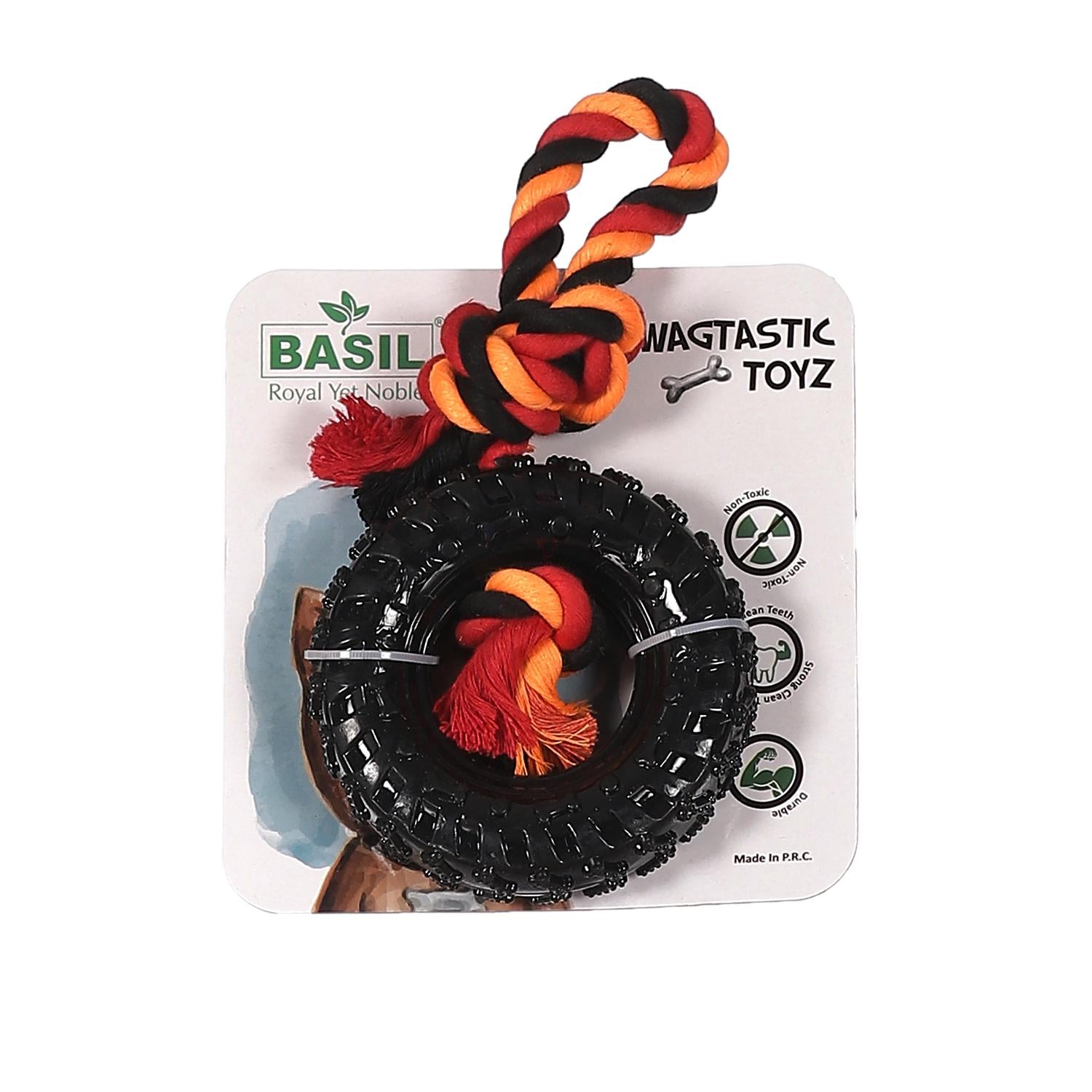 Basil Rubber Tyre with Rope for Tugging & Hollow centre for Treat Stuf